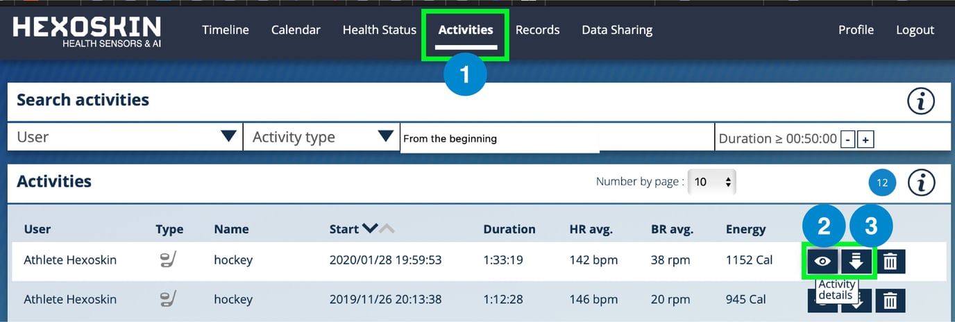 Viewing Records, Activities, and Extracting Data from the Hexoskin User Dashboard
